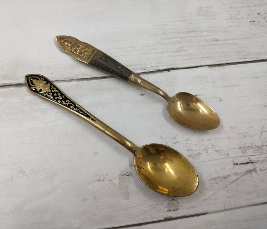 Brass Demitasse Spoons Enamel Inlay Brass Spoon Wood Handle - Etsy