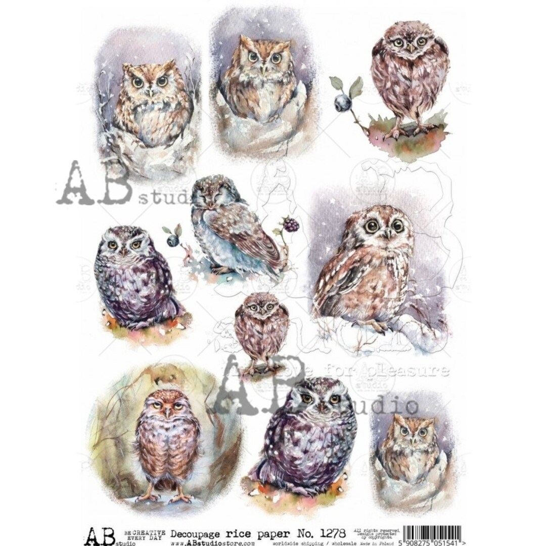 AB Studios 9-pack Watercolor Owls, A4 Decoupage Paper, Rice Paper ...