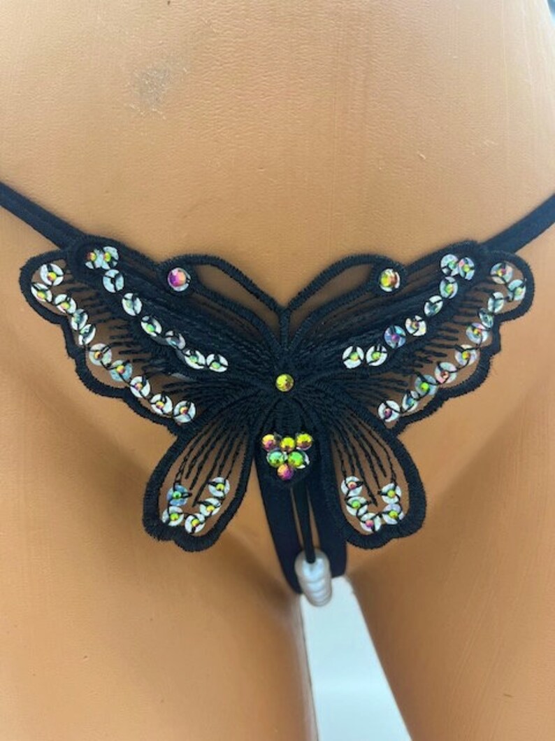 Black Butterfly Crotchless Panty Pearl Crotch For Stimulation Rainbow