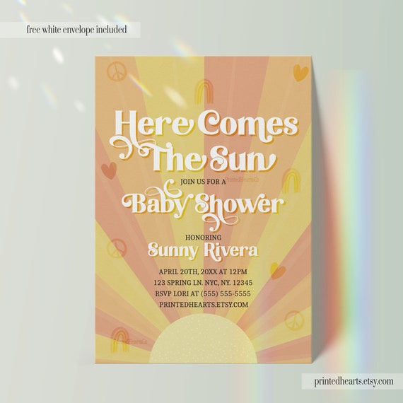 Groovy Sunshine Baby Shower Invitation, Seventies, Here Comes The Sun ...
