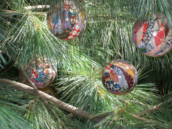 Handmade, Paper Mache Christmas Tree Ornament- Crazy Quilt 3 Inch Multi ...