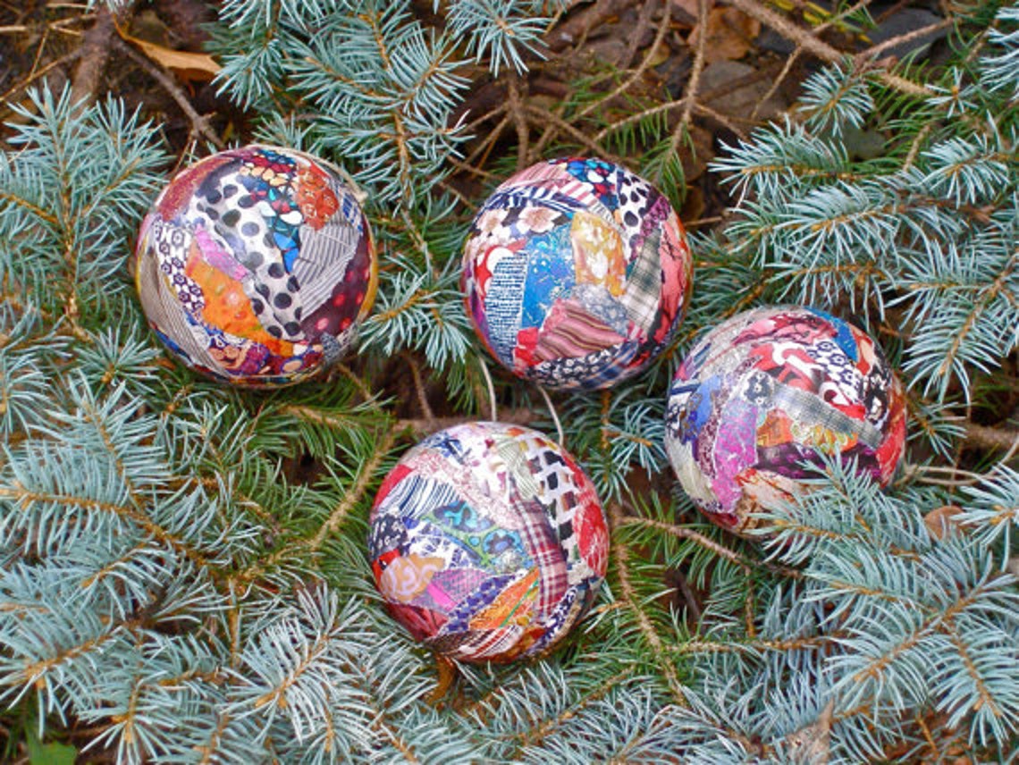 Handmade, Paper Mache Christmas Tree Ornament- Crazy Quilt 3 Inch Multi ...
