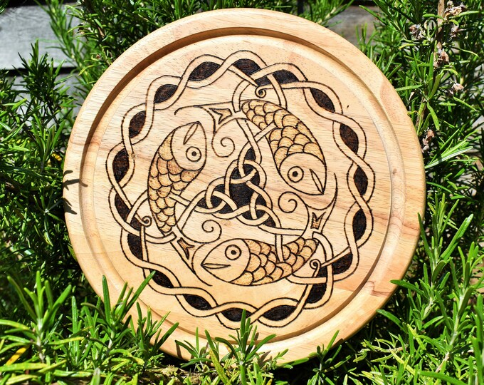 Celtic Salmon Bread Board; Triple Fish Chopping Board; Round Wooden ...