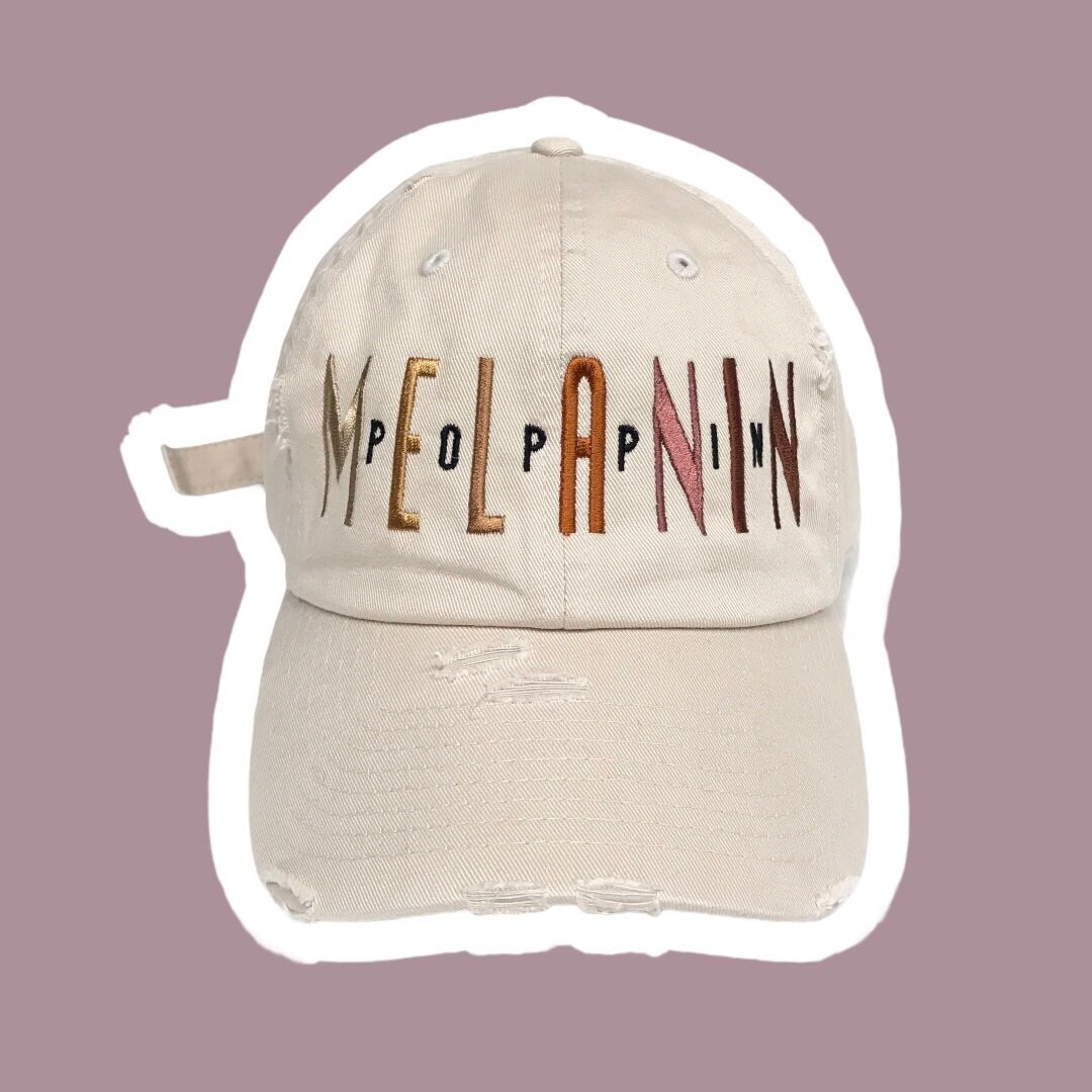MELANIN POPPIN Distressed Baseball Cap. Khaki Color Unisex Dad Hat ...