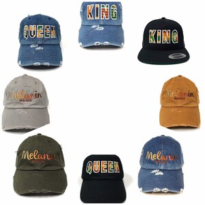 King Crown. Applique Kente Print Fabric, Distressed Denim Baseball Cap ...