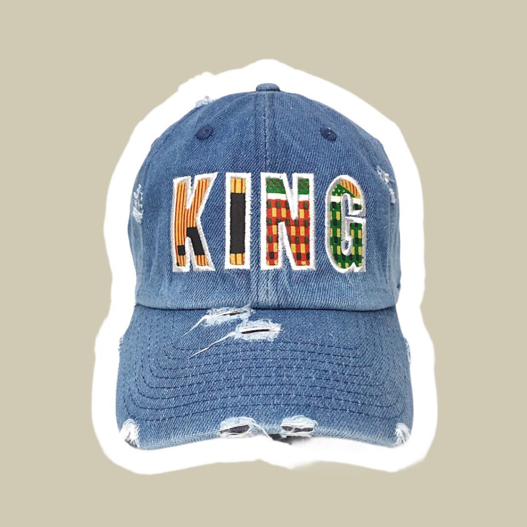 King Crown. Applique Kente Print Fabric, Distressed Denim Baseball Cap ...