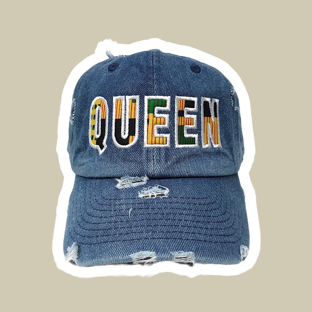 Queen Crown. Applique Kente Print Fabric, Distressed Denim Baseball Cap ...