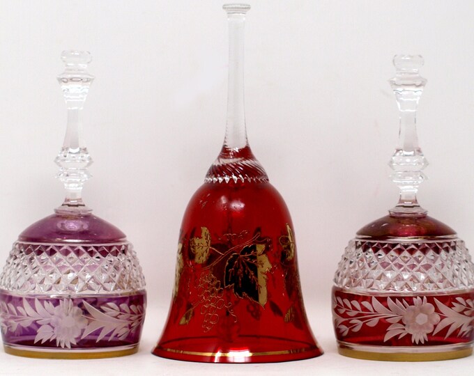 Vintage Bohemian Crystal Bell Gold Leaf Grape Vine, Ruby Red Crystal ...