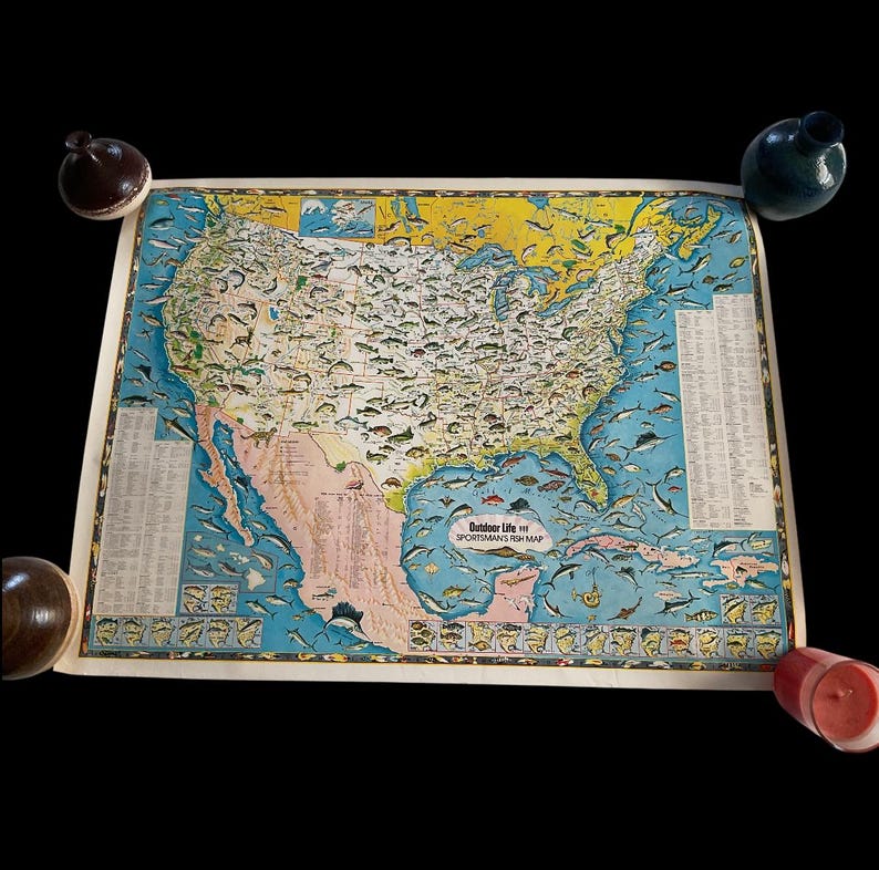 Vintage Outdoor Life Sportsman's Fish Map Poster, Great Art, Ephemera ...