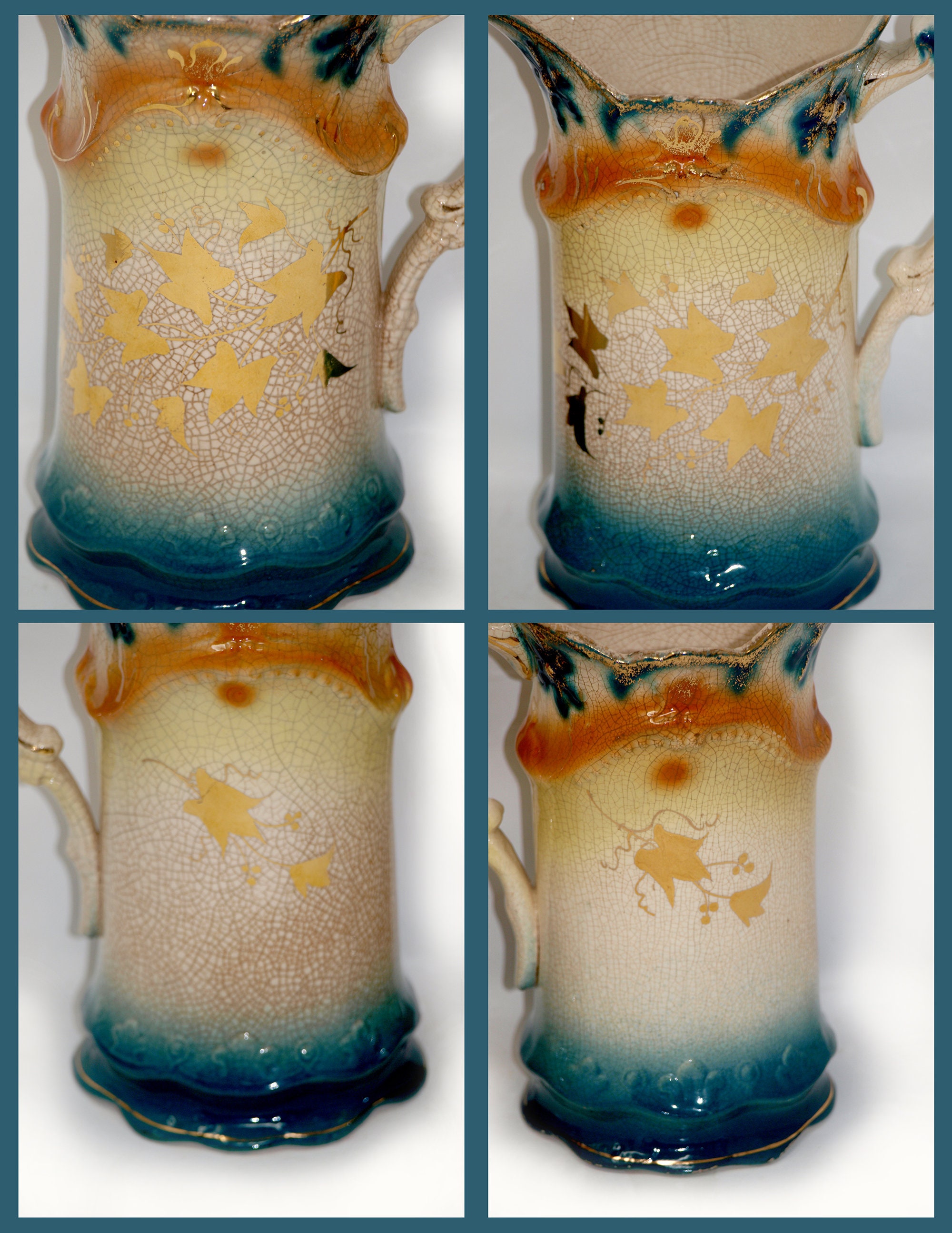 Vintage Ornate Ceramic Pitcher With Gold Leaf Design Teal - Etsy