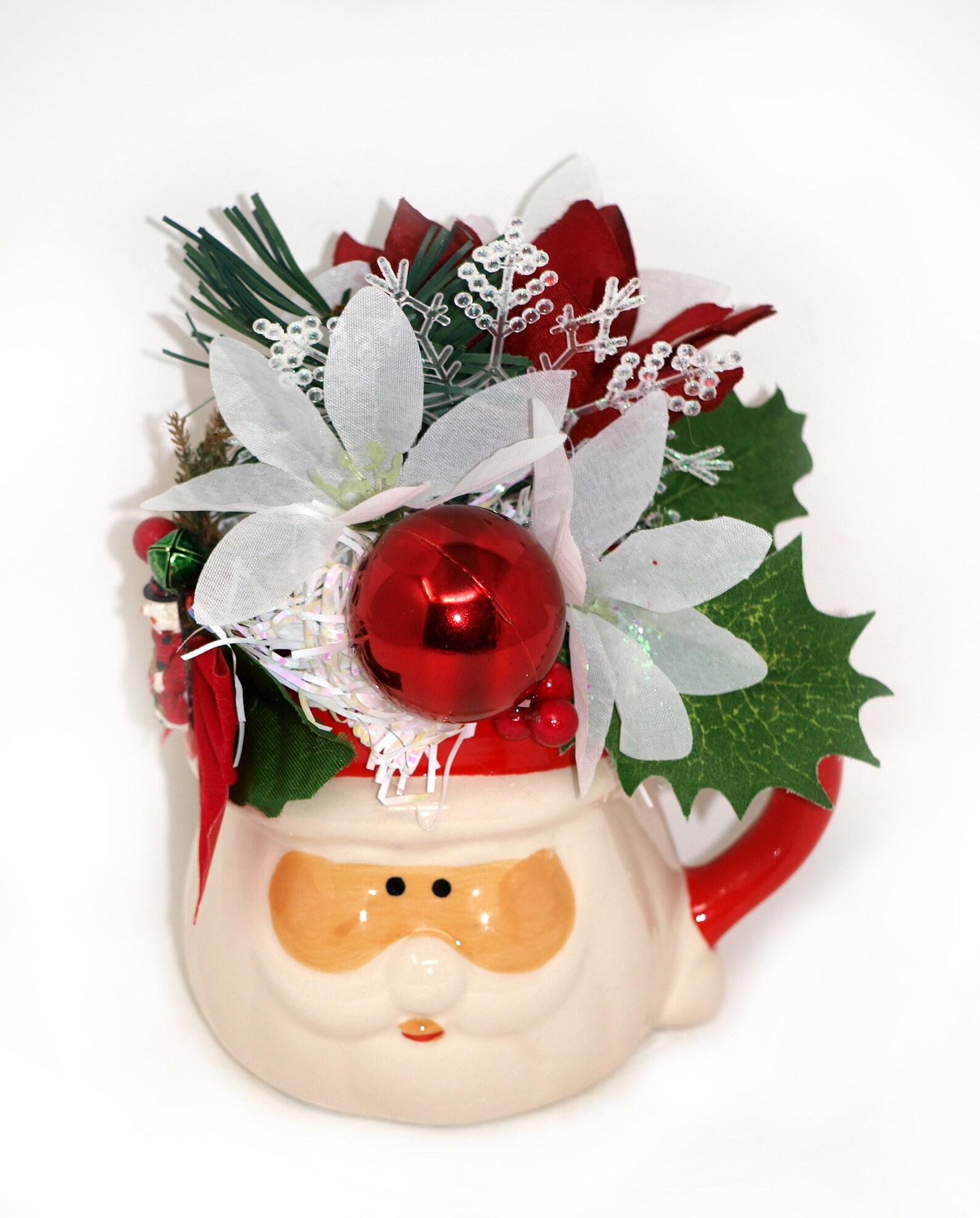 Holiday Floral Arrangement Centerpiece, Santa Claus Mug, Poinsettia ...