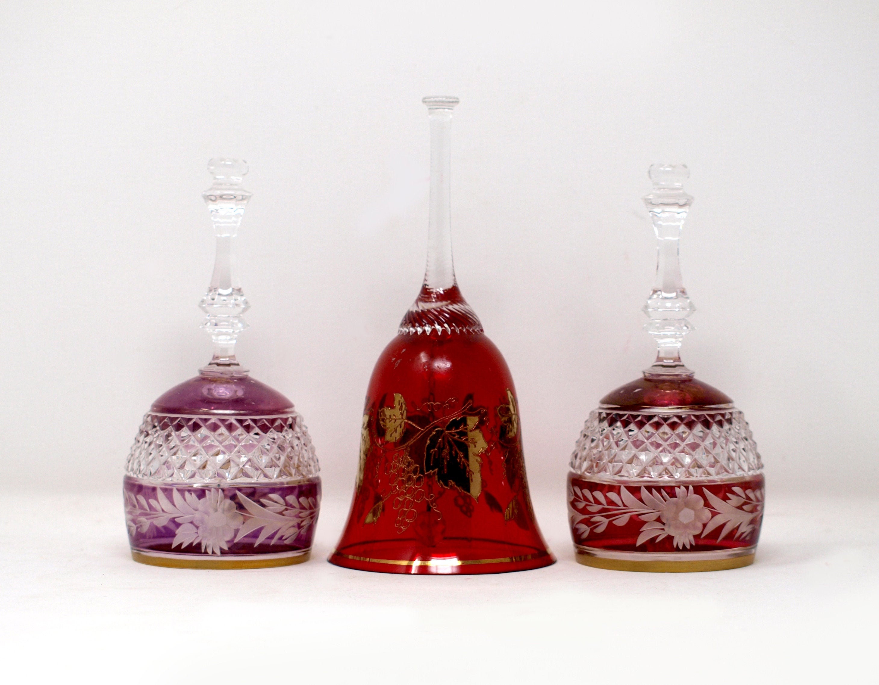 Vintage Bohemian Crystal Bell Gold Leaf Grape Vine, Ruby Red Crystal ...