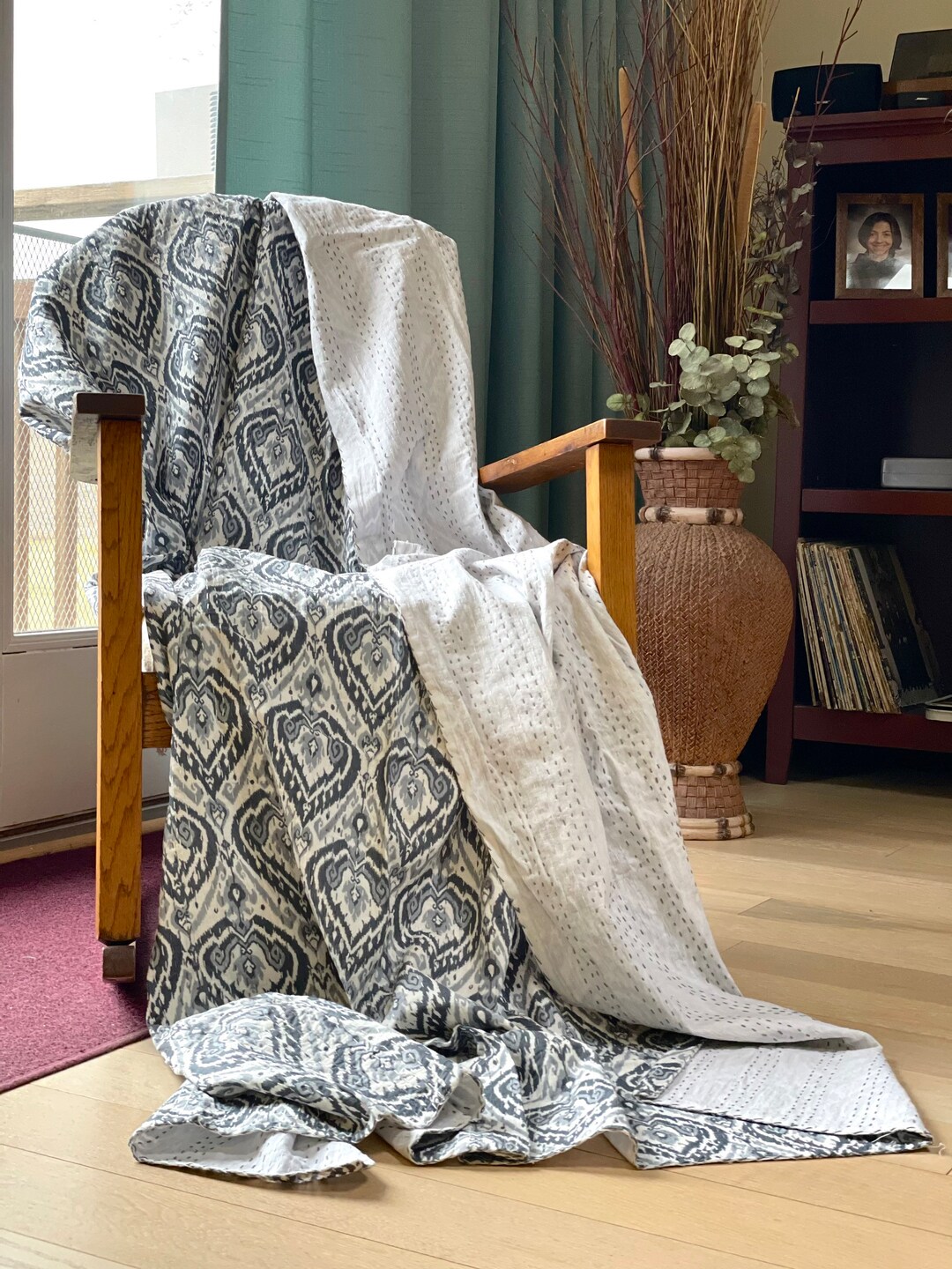 Ikat Pattern Kantha Quilt in Grey and White, Reversible, **FREE 2-3 Day ...