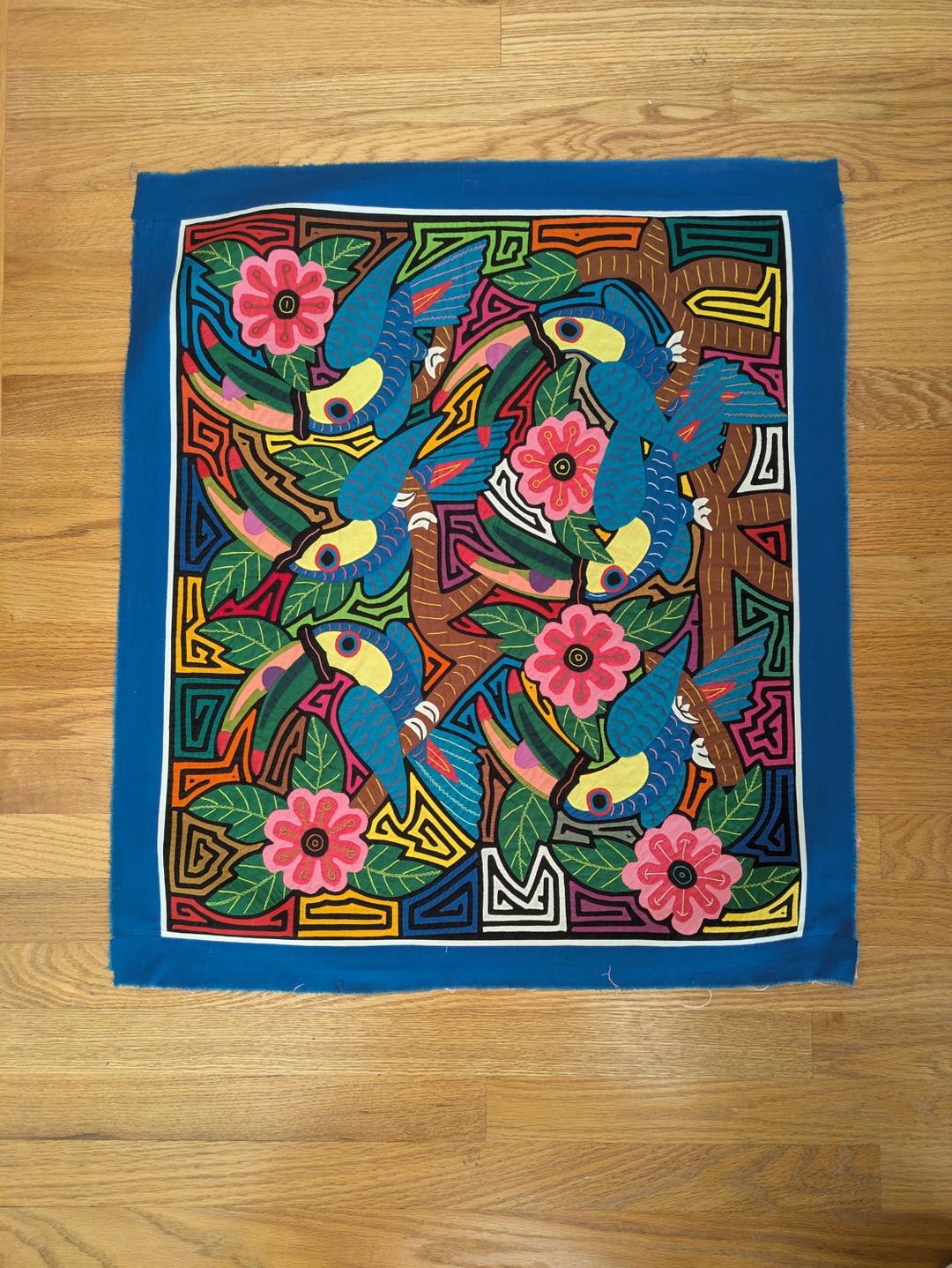 Panama Mola Applique Tapesty 25 X 29 With 6 Colorful Parrots, Edged ...