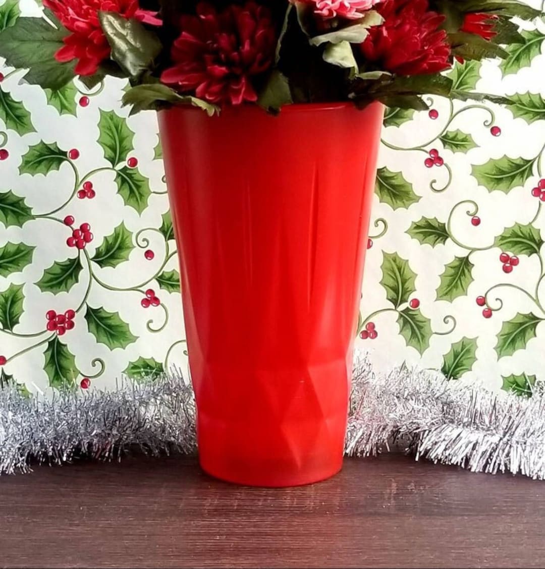 Tall Red Glass Vase, Tall Red Vase, Holiday Vase, Red Décor, Large Red ...