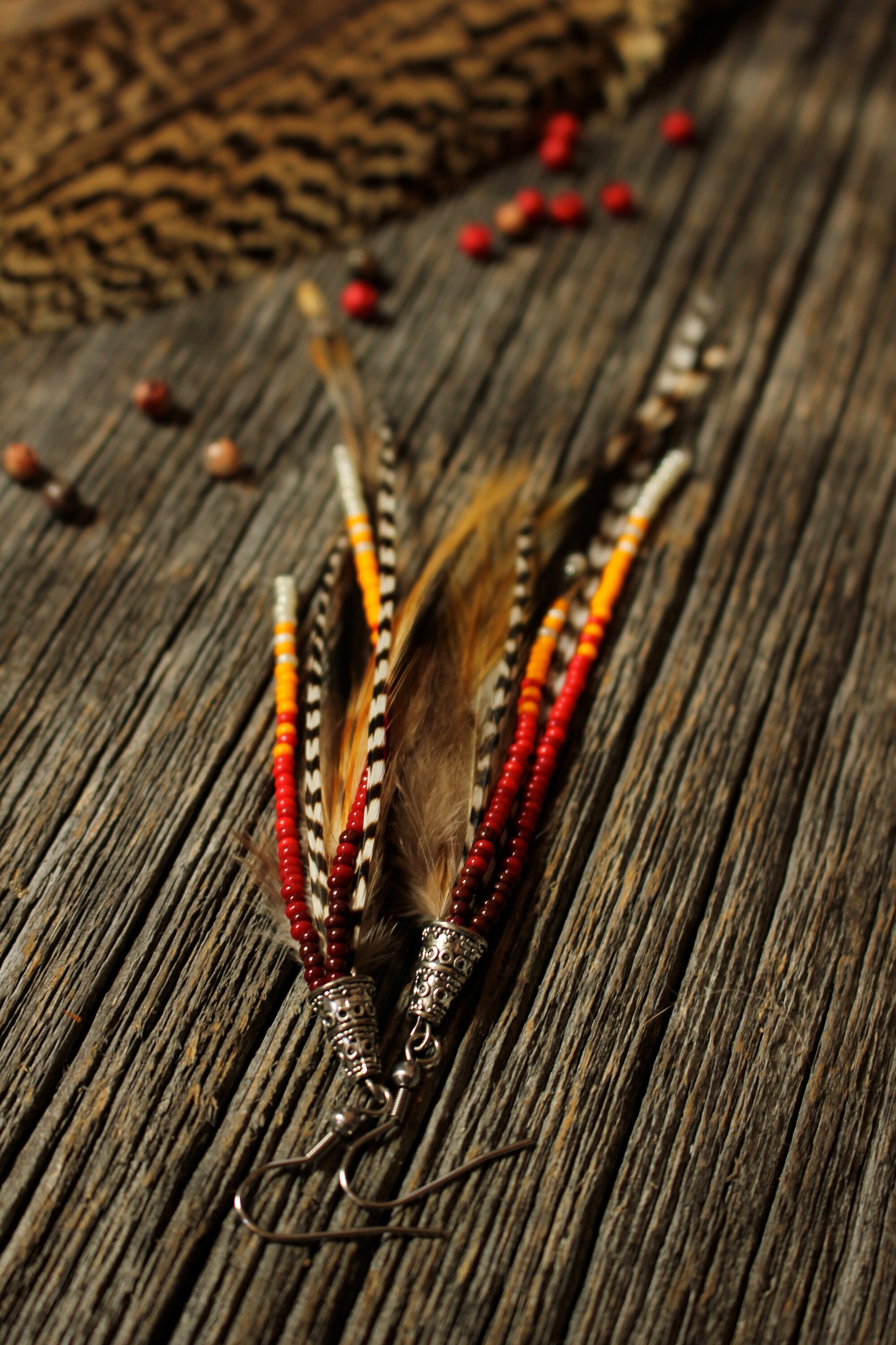 Fire Colors Feathers and Beads Earrings - Seed Beads - Ultra Long ...