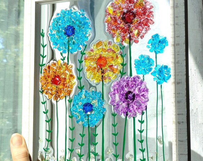 Dandelions 11x9 Crushed Glass Resin Art Sun Catcher Painted Glass Glass ...