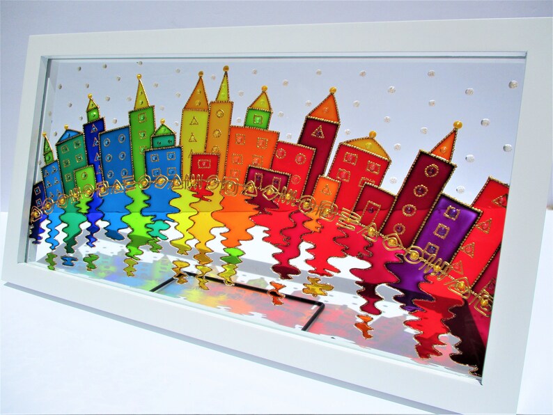 Rainbow Cityscape Glass Painting Glass Art Painted Glass - Etsy