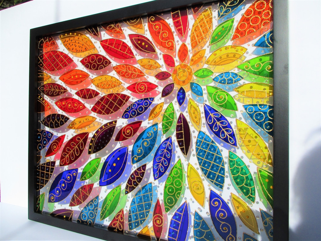 Abstract Flower 21"x17" 3D Glass Painting Glass Art Stained Glass Sun ...