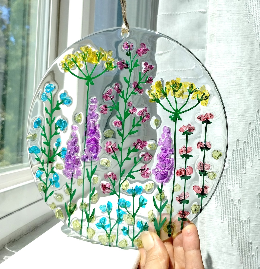 Wildflowers 8 Crushed Glass Resin Art Suncatcher Faux Stained Glass ...