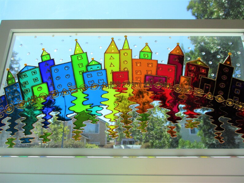 Rainbow Cityscape Glass Painting Glass Art Painted Glass - Etsy