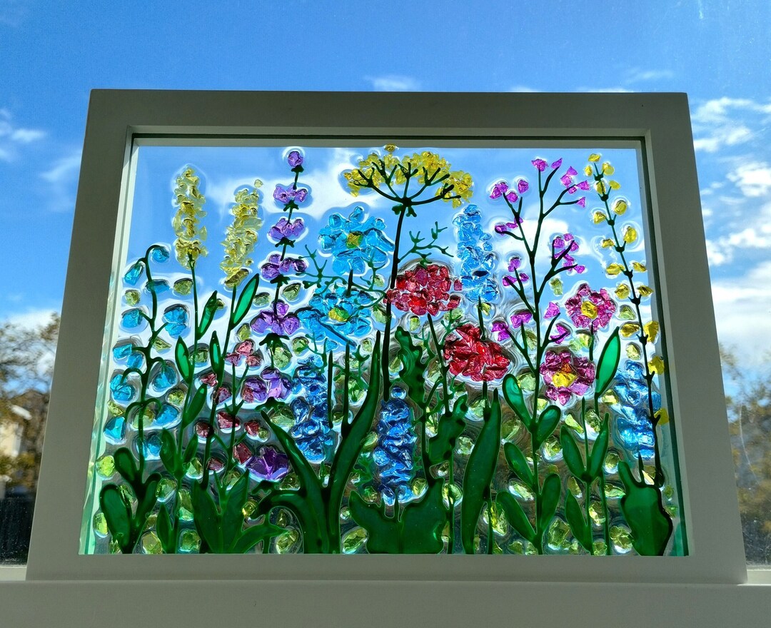 Wildflowers 11x9 Crushed Glass Resin Art Sun Catcher Painted Glass ...