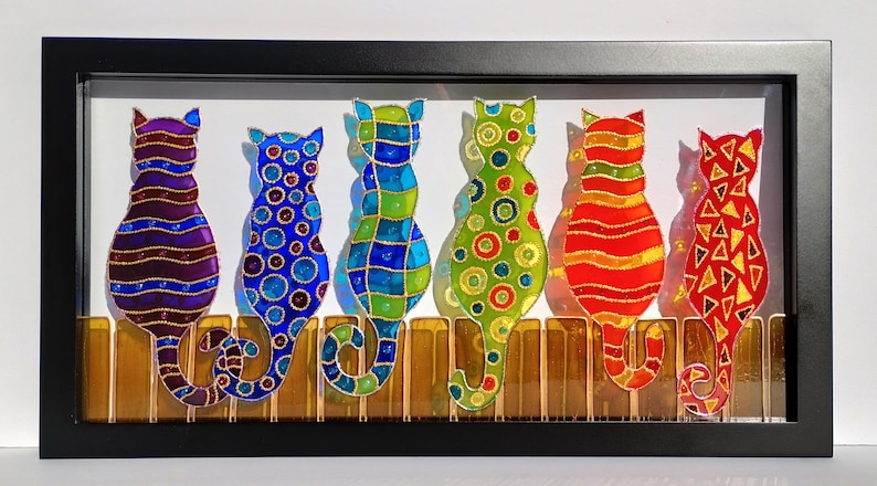 Colorful Cat Glass Painting: 3D Abstract Art, Window Hanging (18"x10 ...