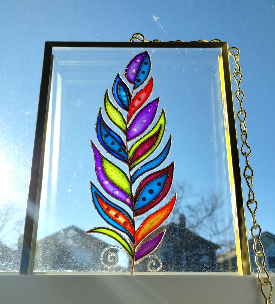 Colorful Feather 8 X 6 Suncatcher 3D Glass Painting Stained Glass ...
