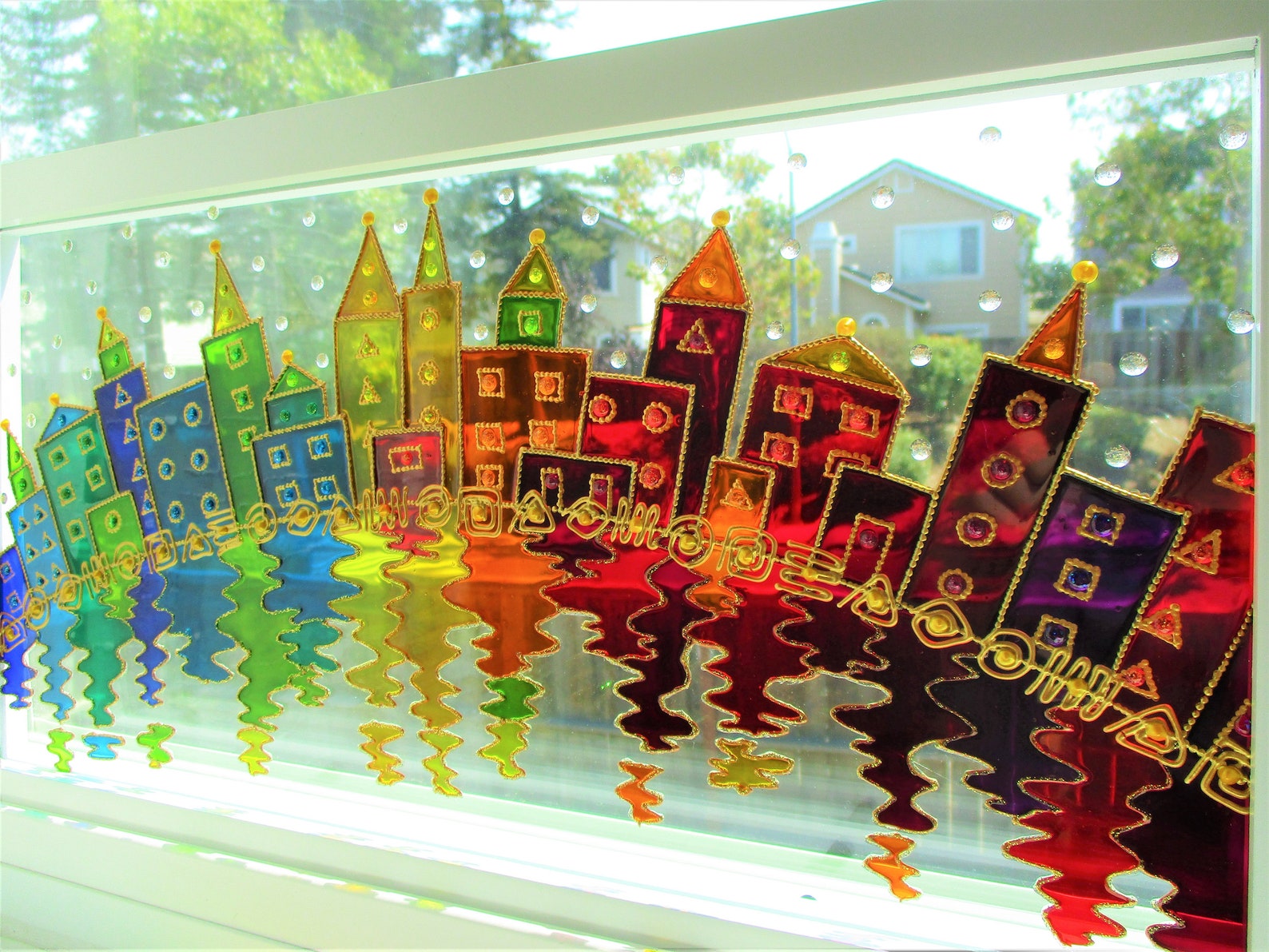 Rainbow Cityscape Glass Painting Glass Art Painted Glass - Etsy