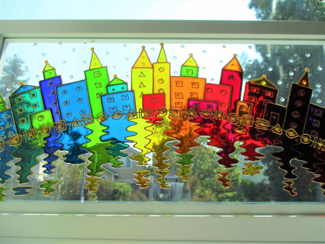 Rainbow Cityscape Glass Painting Glass Art Painted Glass - Etsy