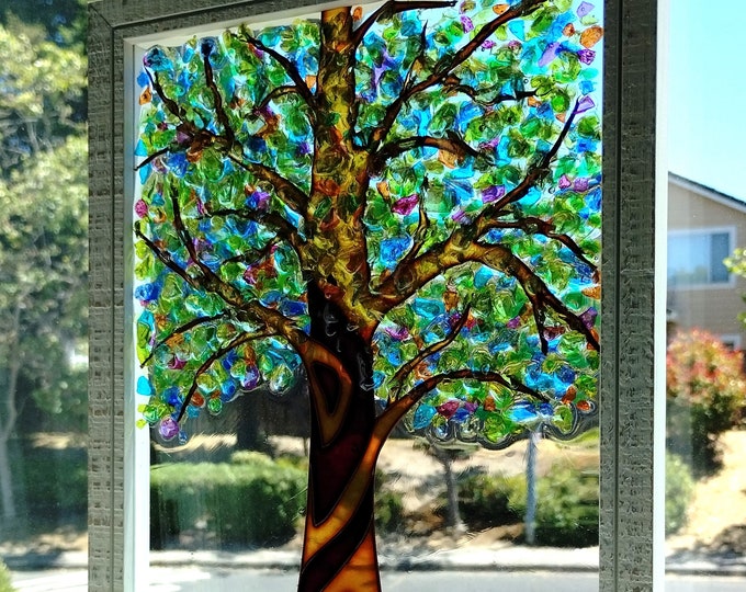 Tree 11x9 Crushed Glass Resin Art Sun Catcher Painted Glass Glass Art ...