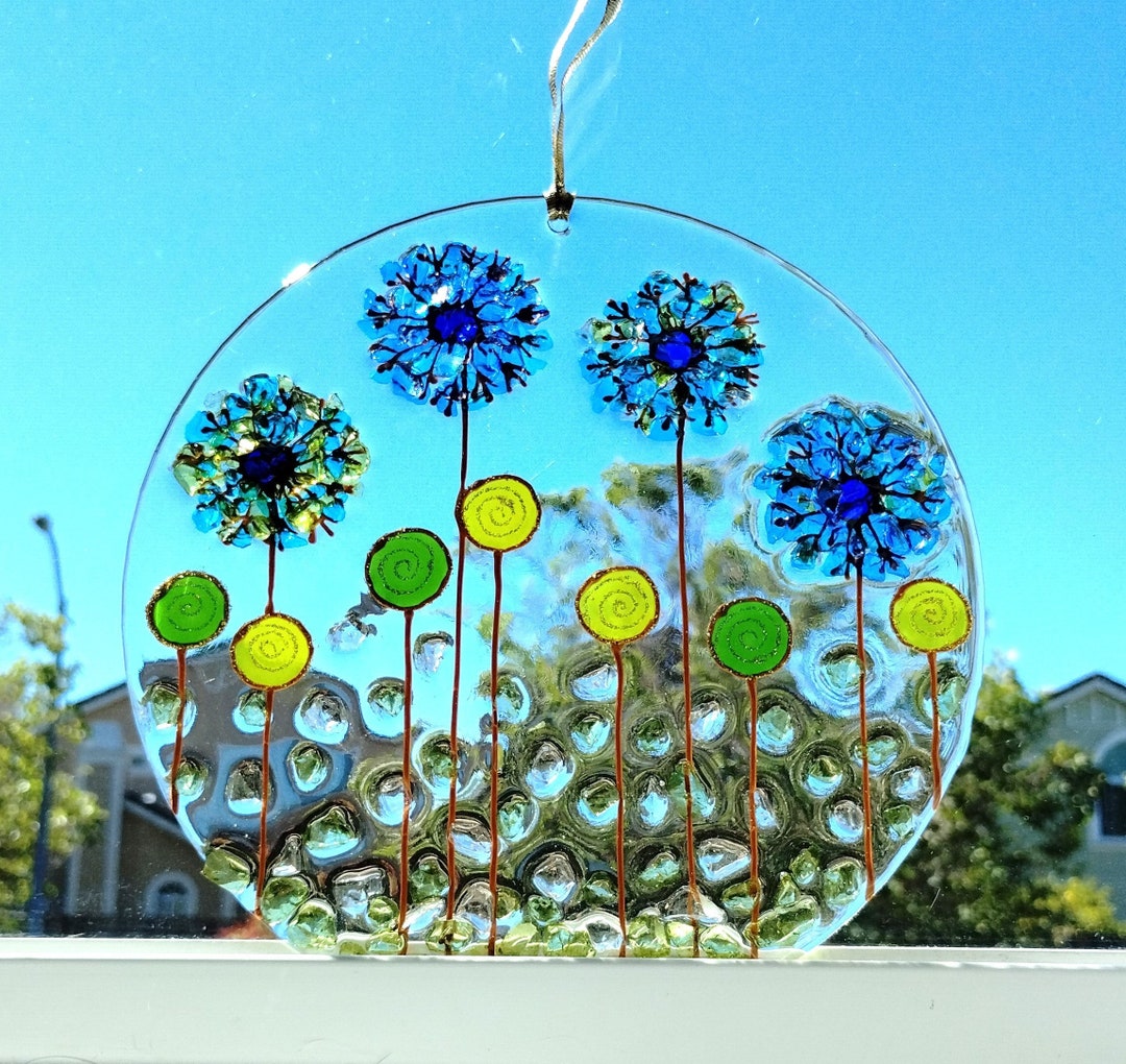 Dandelions 8 Crushed Glass Resin Art Suncatcher Faux Stained Glass ...