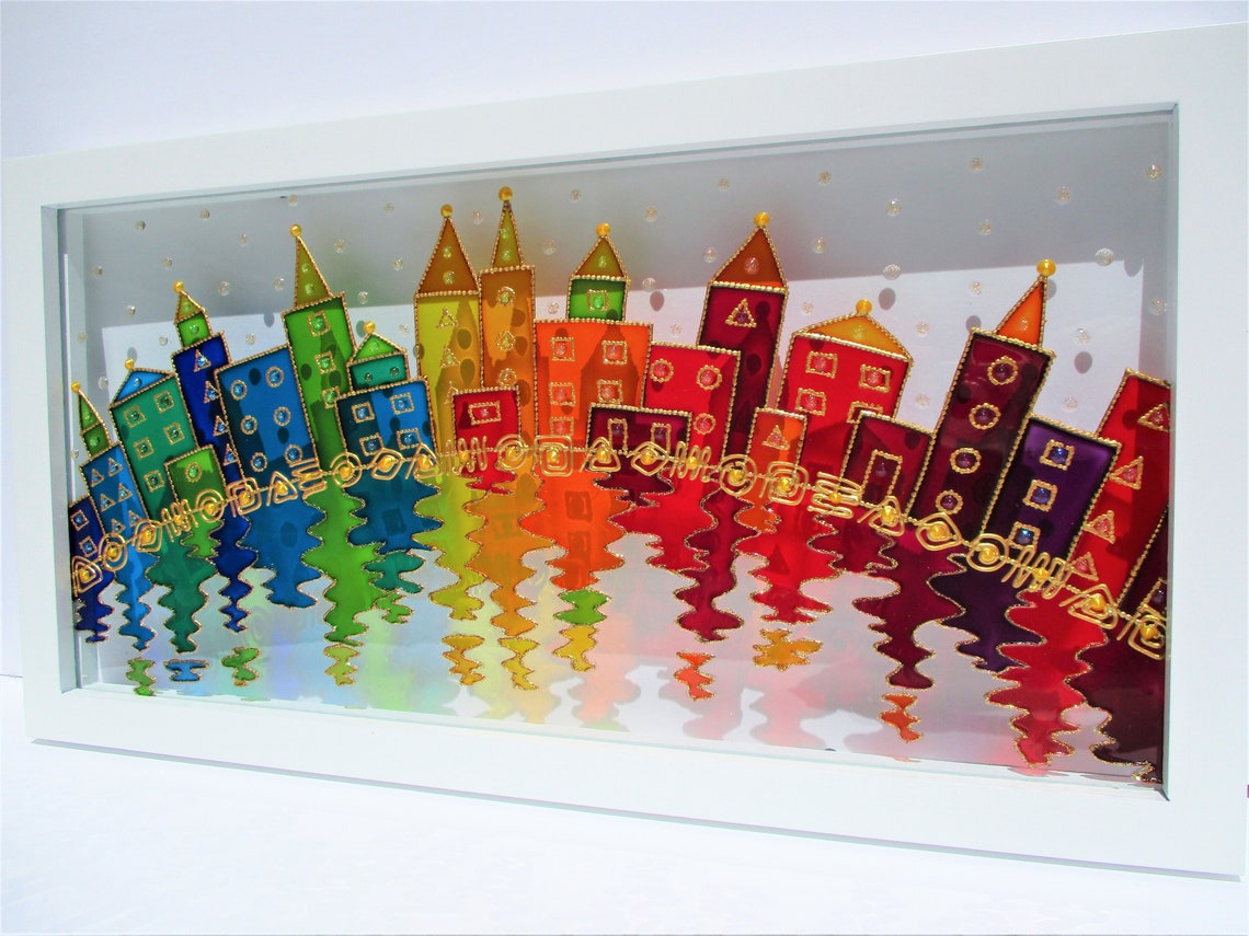 Rainbow Cityscape Glass Painting Glass Art Painted Glass - Etsy