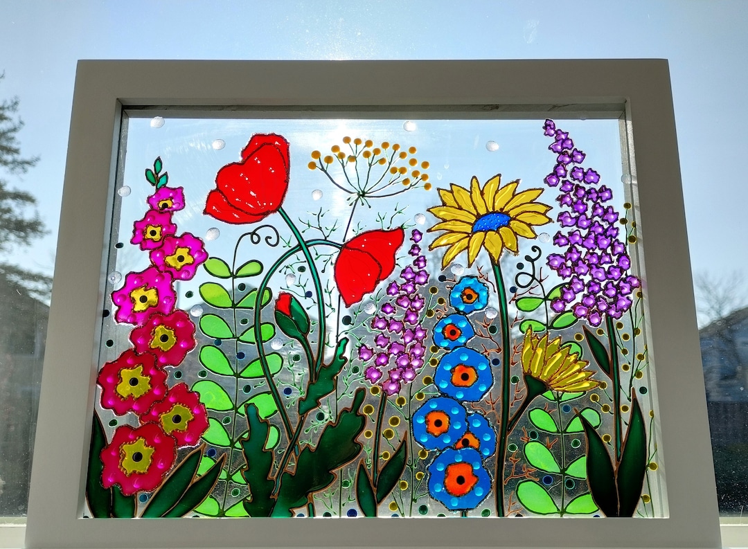 Wildflowers 11x9 Glass Painting Sun Catcher Stained Glass Glass Art Modern Painting Original Painting Window Hanging 3D Painting Etsy