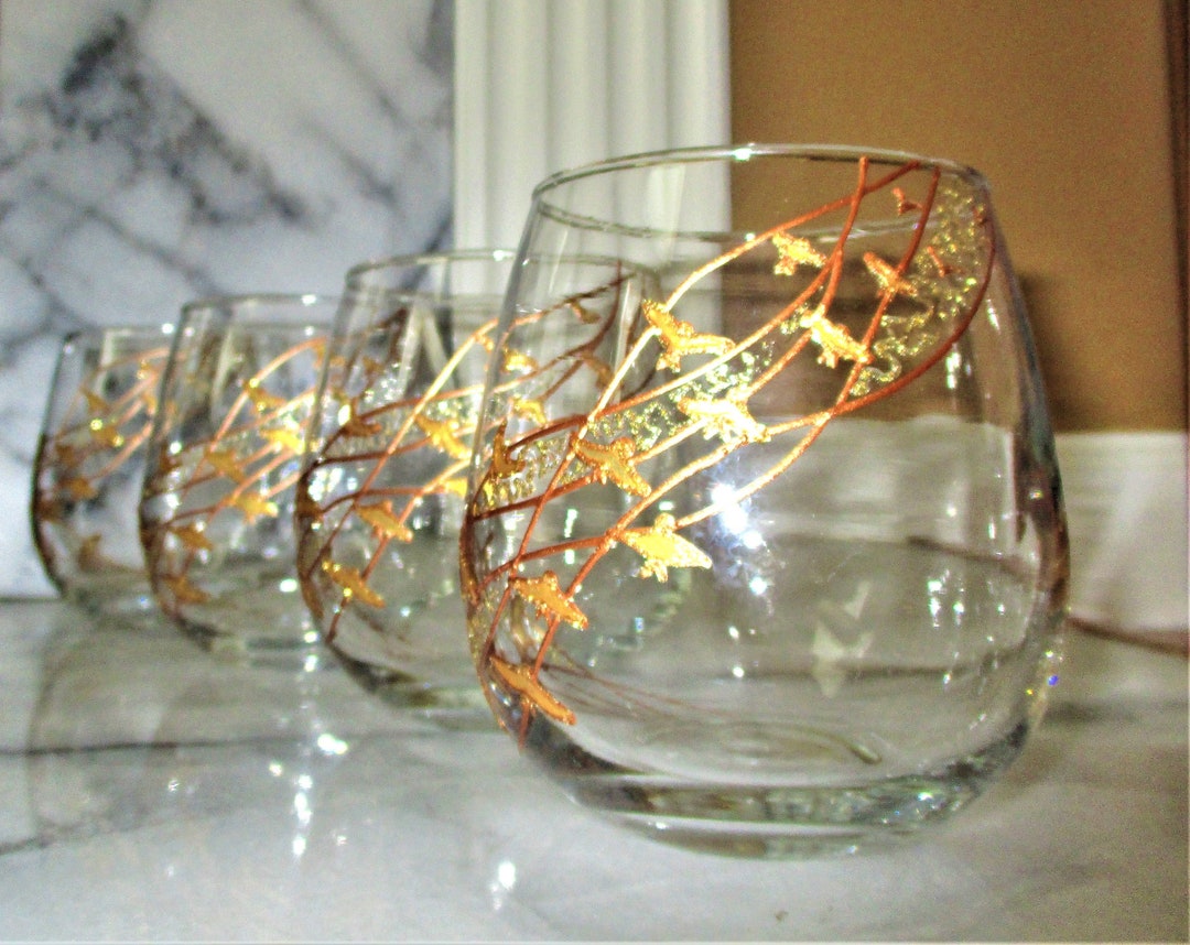Hand Painted Stemless Goblets: Gold Bird Design, Set of 4 - Etsy