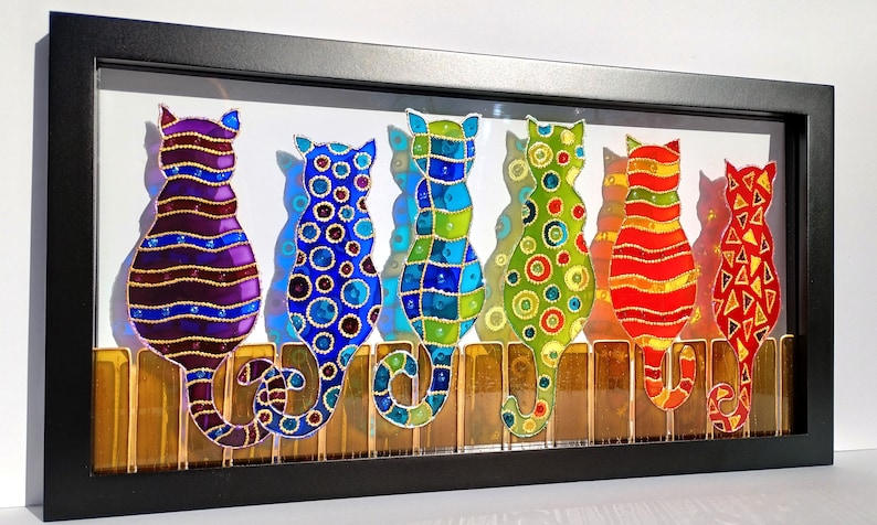 Colorful Cat Glass Painting: 3D Abstract Art, Window Hanging (18"x10 ...