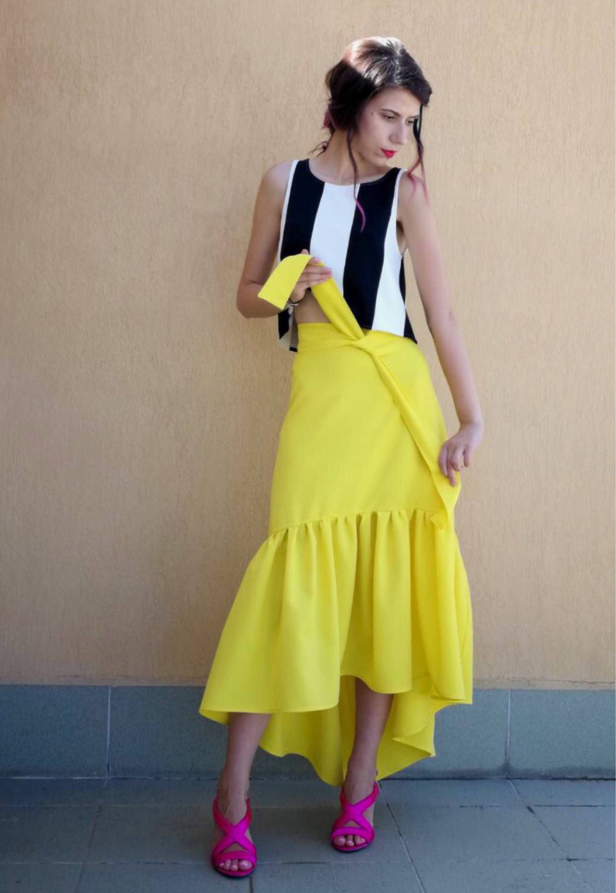 Asymmetrical Ruffled Skirt / Yellow Ruffle Skirt / Long Ruffle Skirt ...