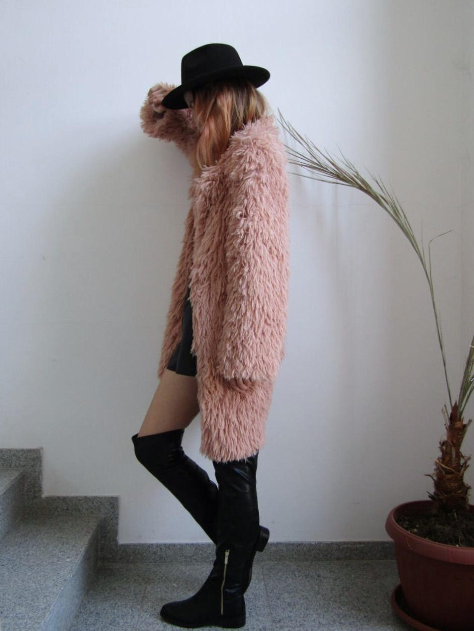 Blush Fuzzy Coat Dusky Pink Fuzzy Coat Long Sleeve Fuzzy - Etsy