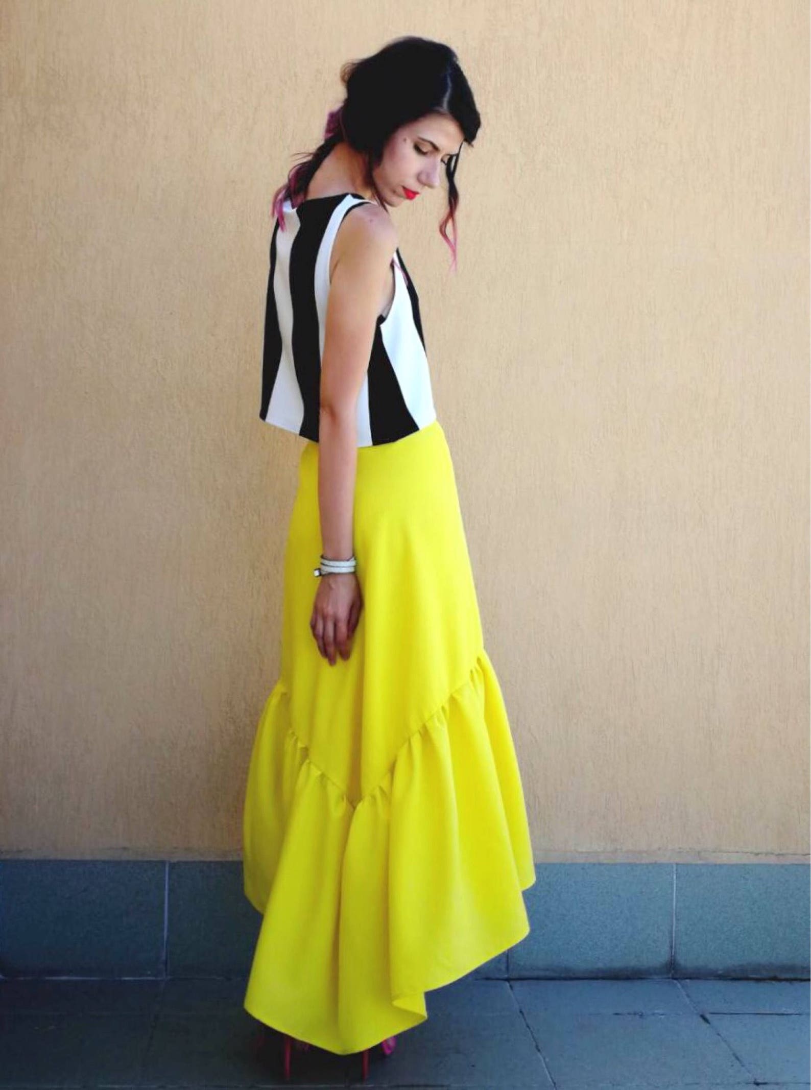 Asymmetrical Ruffled Skirt / Yellow Ruffle Skirt / Long Ruffle Skirt ...