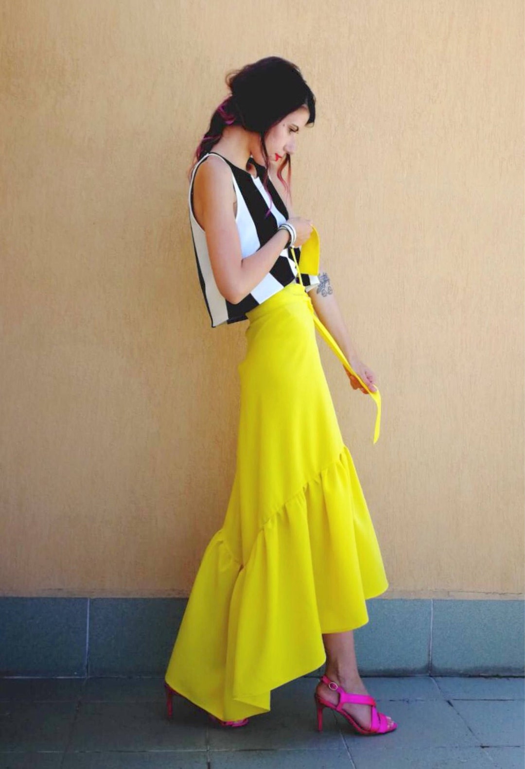 Asymmetrical Ruffled Skirt / Yellow Ruffle Skirt / Long Ruffle Skirt ...