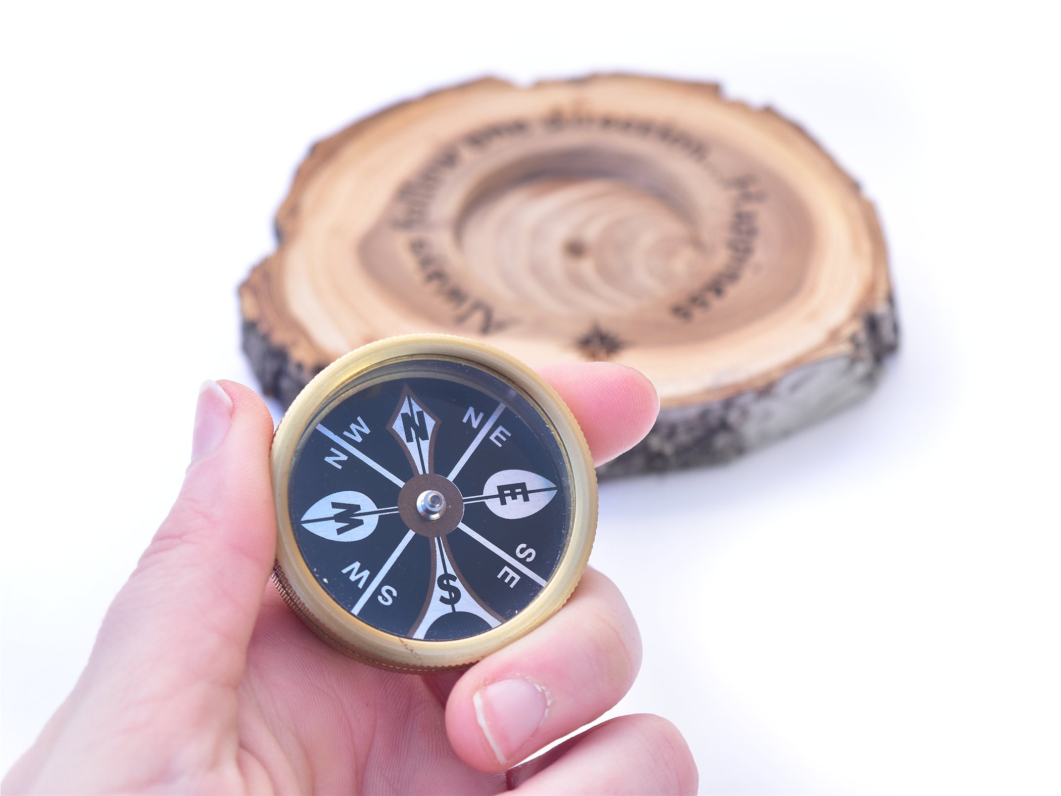 Engraved Brass Compass With Live Edge Wood Holder, Personalized Gift - Etsy