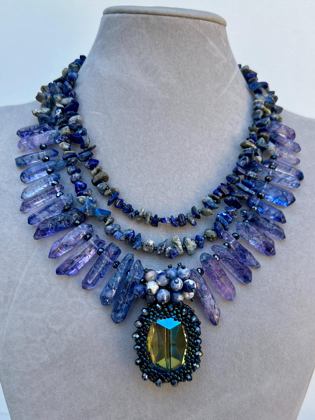 Multi Strand Blueberry Quartz Sticks Pendant Statement Necklace Big and ...