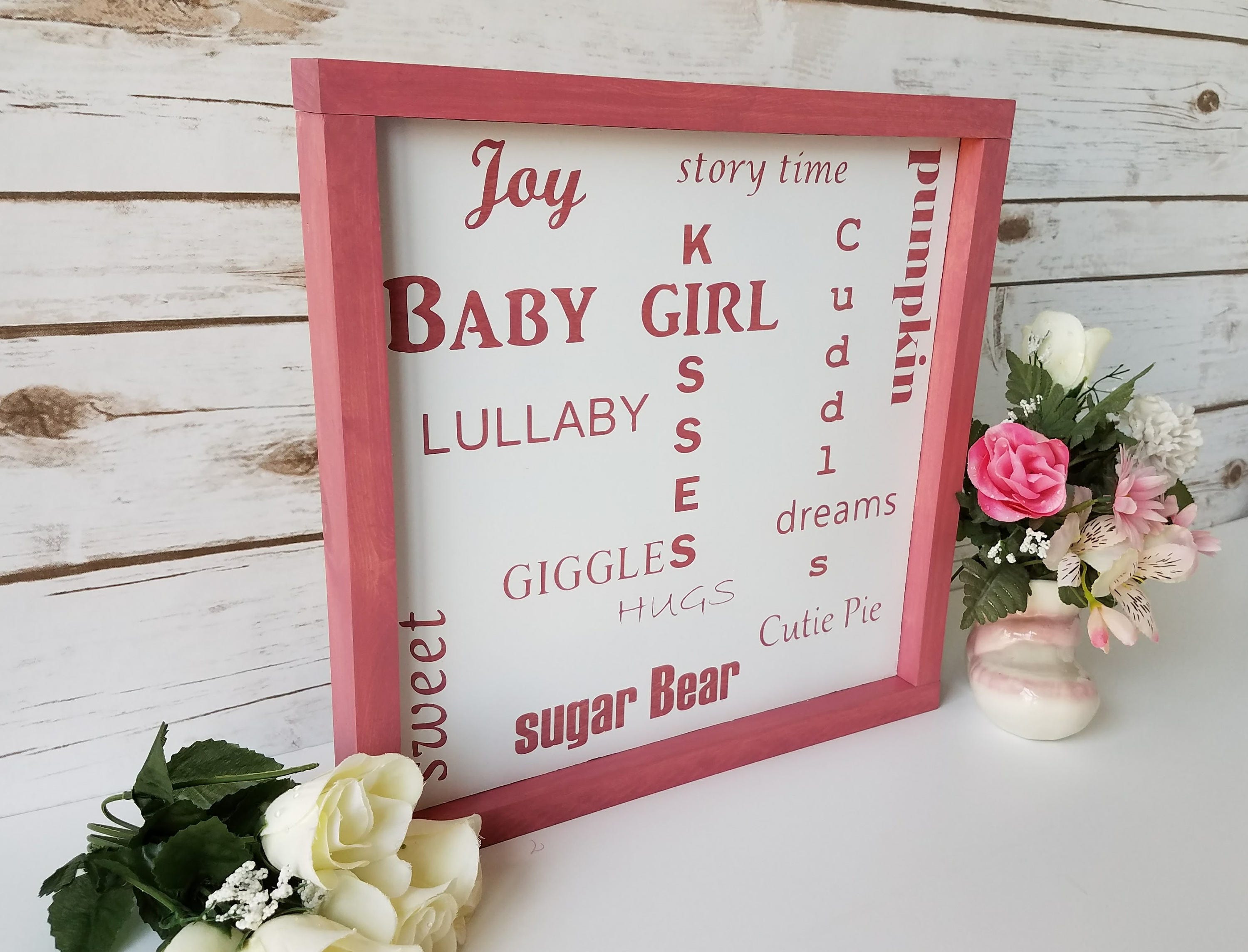 Framed Baby Girl Word Collage Sign, Dusty Pink Nursery Wall Art, Pink ...