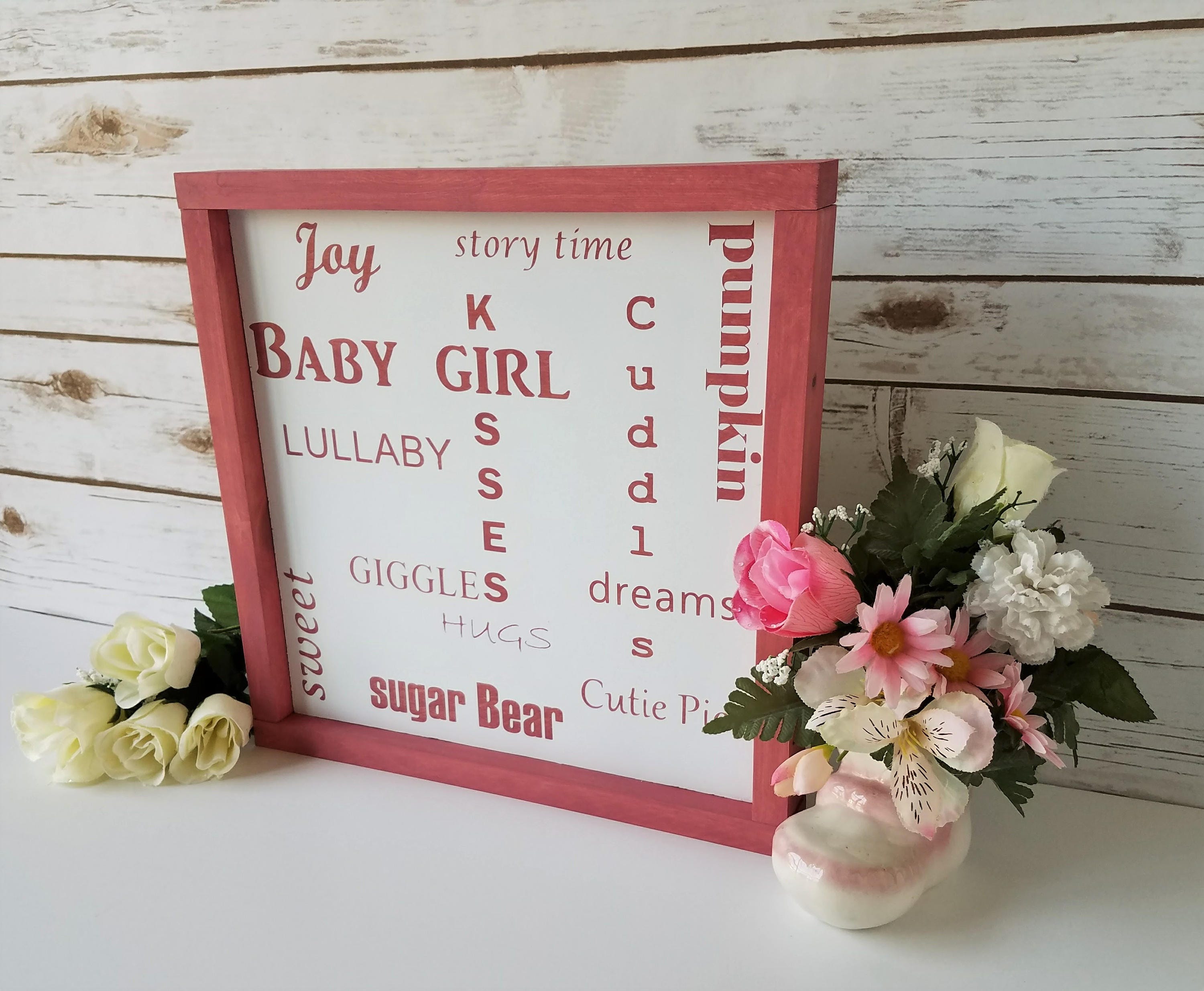 Framed Baby Girl Word Collage Sign, Dusty Pink Nursery Wall Art, Pink ...