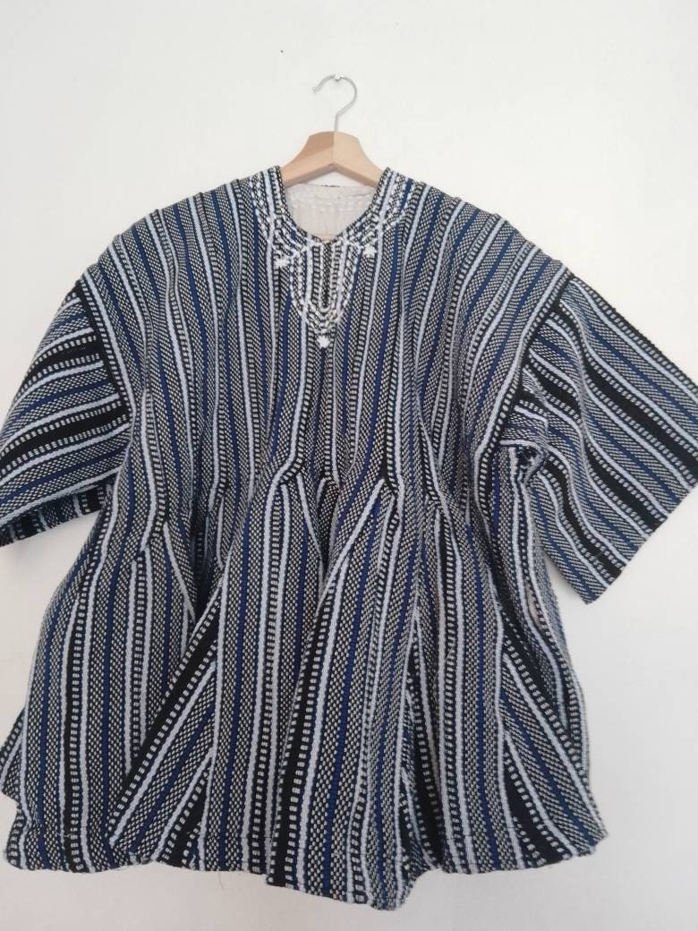 Short Sleeve Blue and White Northern Ghana Men Hand Woven Traditional ...