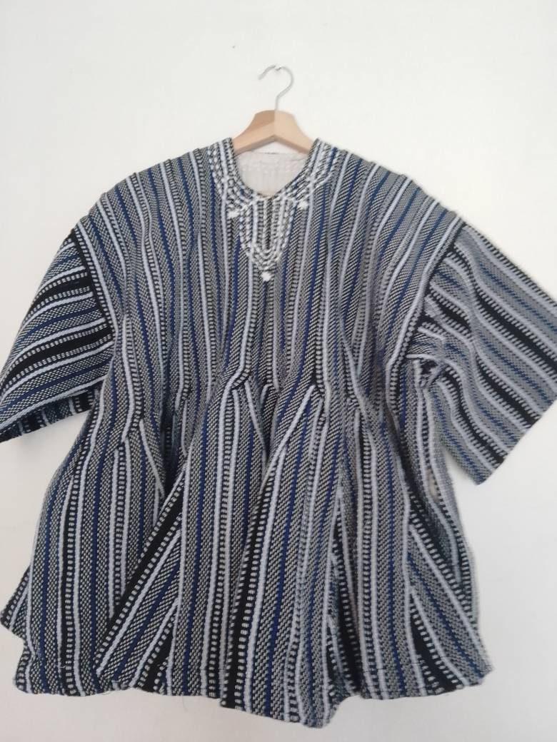 Short Sleeve Blue and White Northern Ghana Men Hand Woven Traditional ...