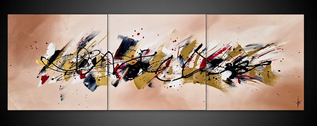 Abstract Painting Horizontal Triptych on Stretched Canvas for Interior ...