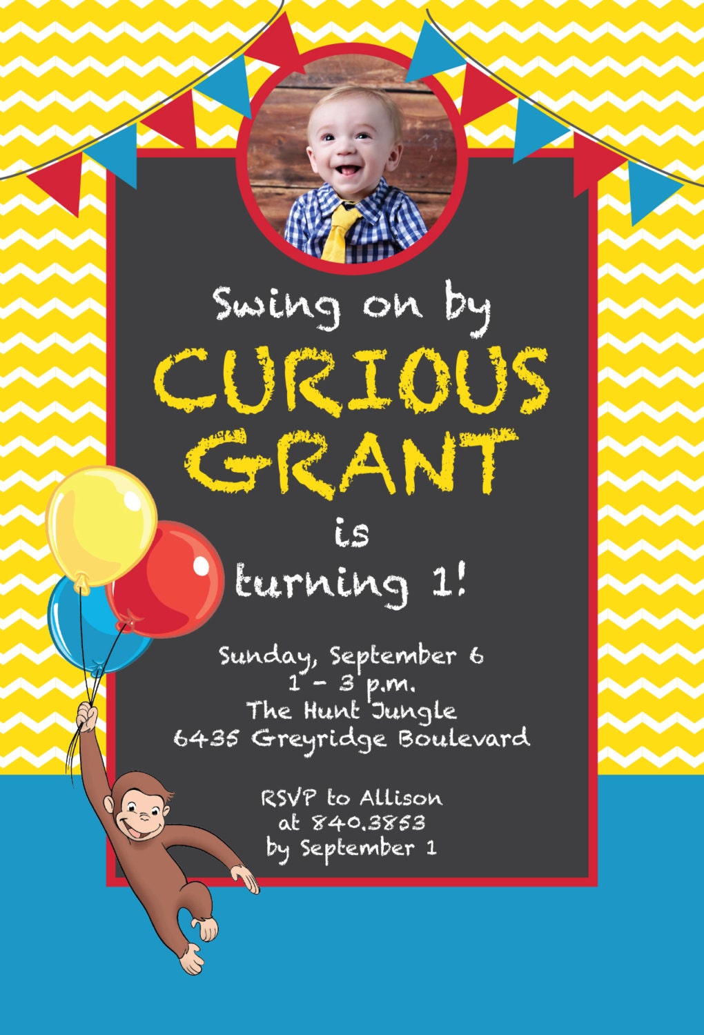 Curious George Bundle: Birthday Invitation, Thank You Card, Guest Book ...