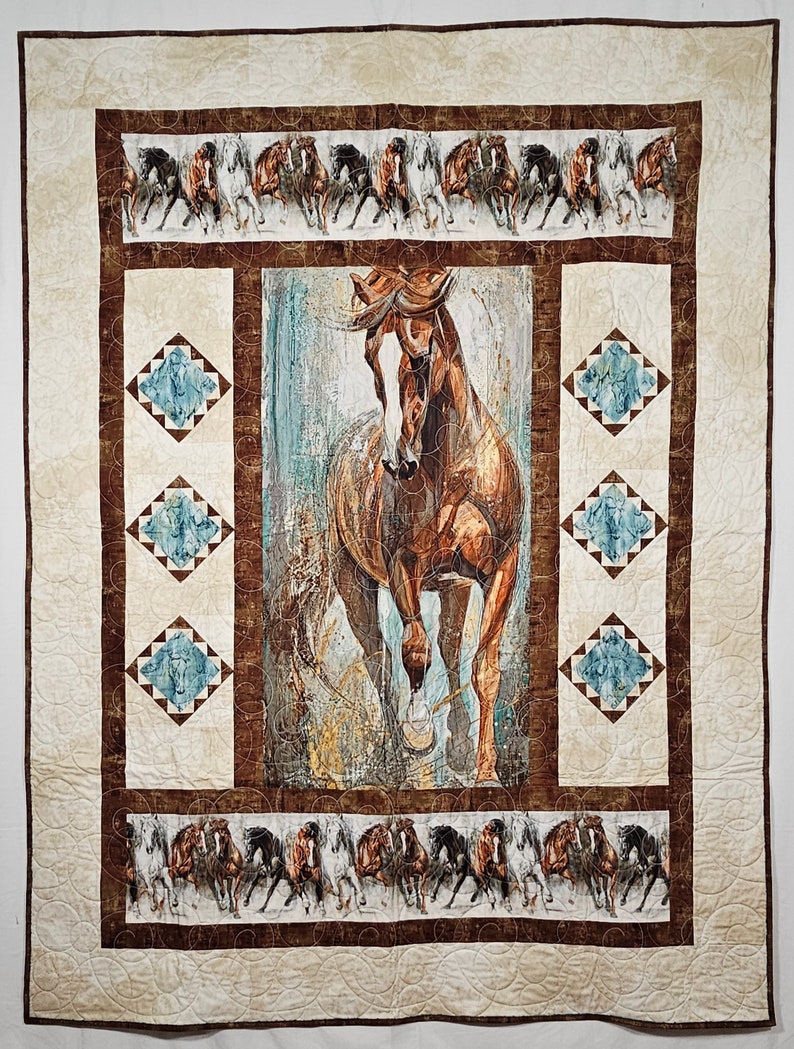 Wild Horses Quilt | Running Pony Themed Blanket | Abstract Western Teal ...