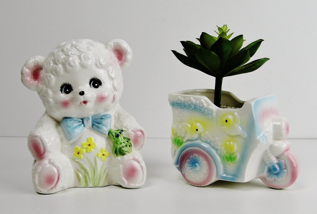Very Rare Ornate Painted Glazed White Ceramic Bear and Motorbike Mid-century Planters / Home or ...